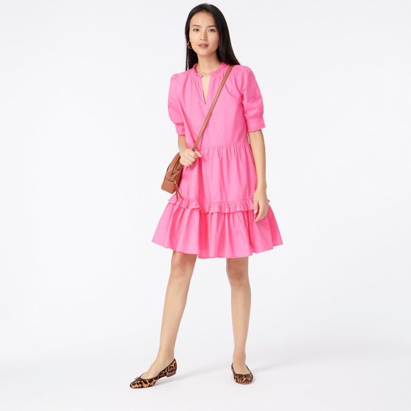 J. Crew | Dresses | Jcrew Ruffleneck Tiered Popover Dress In Pink Xs ...
